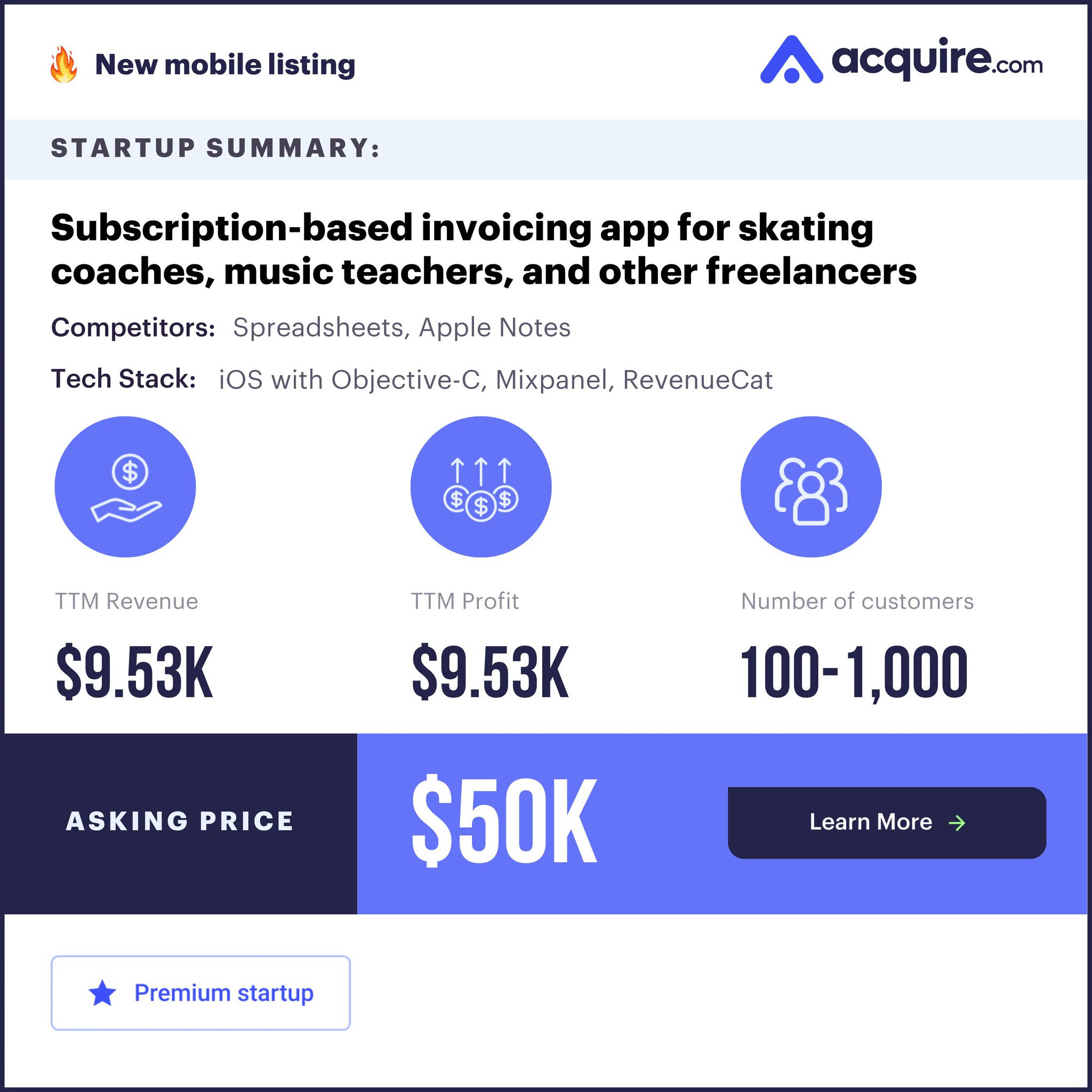 acquire.com on Twitter: "🔥 New Startup Listed 🔥 Mobile | Subscription-based invoicing app for ...