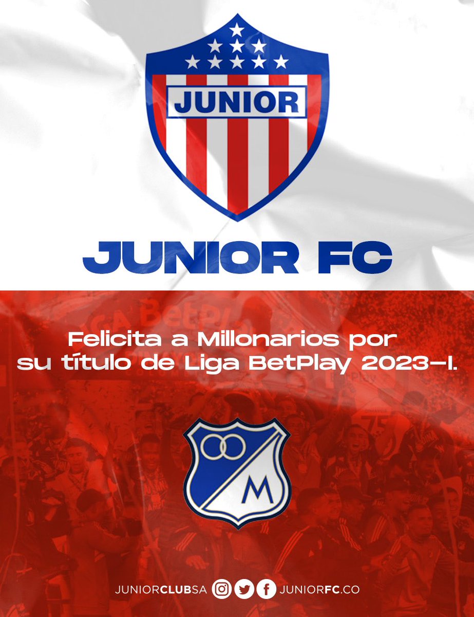 Junior FC on Twitter: "👋🏻Felicitamos a @MillosFCoficial por su título de Liga BetPlay 2023-I."