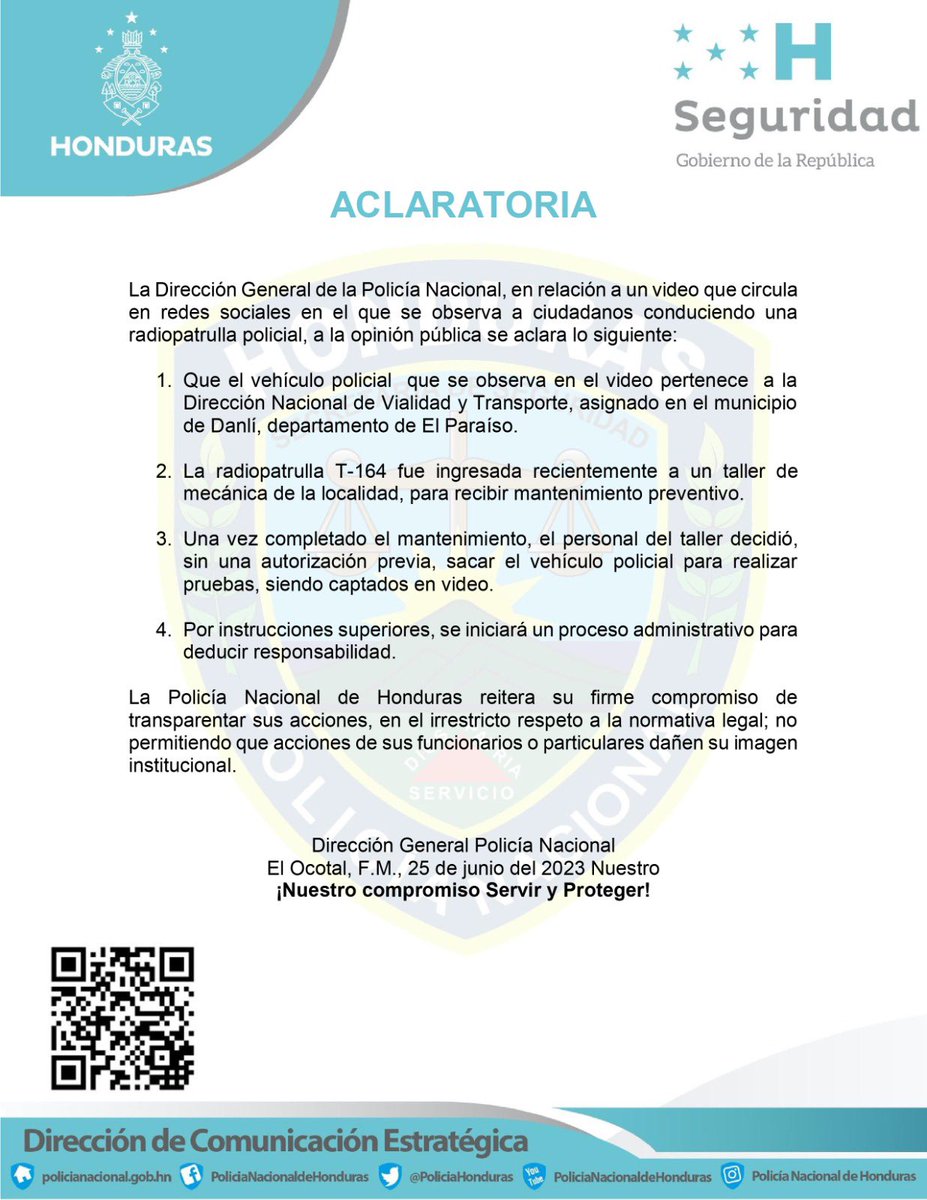 Polic铆a Nacional De Honduras On Twitter 馃毃 Aclaratoria馃毃 La Direcci贸n