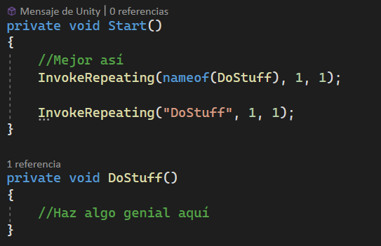 Elena Blanes on Twitter: "#Unitytips ⇩⇩⇩ 🤓 Con el Invoke y el InvokeRepeating puedes usar nameof ...
