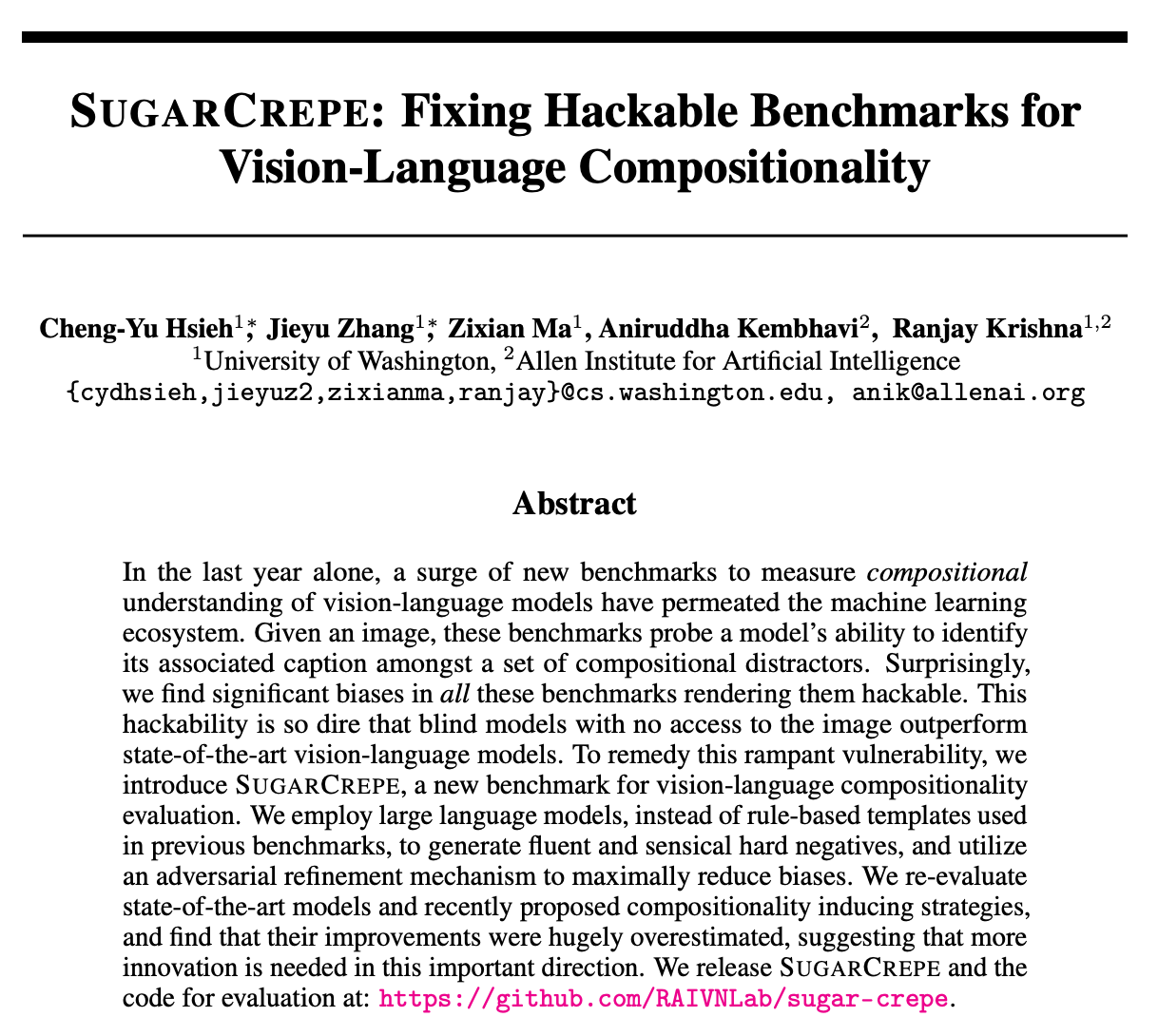 Cheng-Yu Hsieh on Twitter: "Introducing SugarCrepe: A benchmark for faithful vision-language ...
