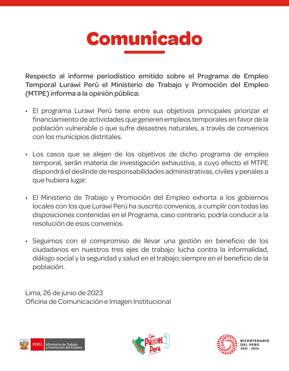Ministerio de Trabajo on Twitter: "📄 [COMUNICADO] El MTPE informa a la opinión pública respecto ...