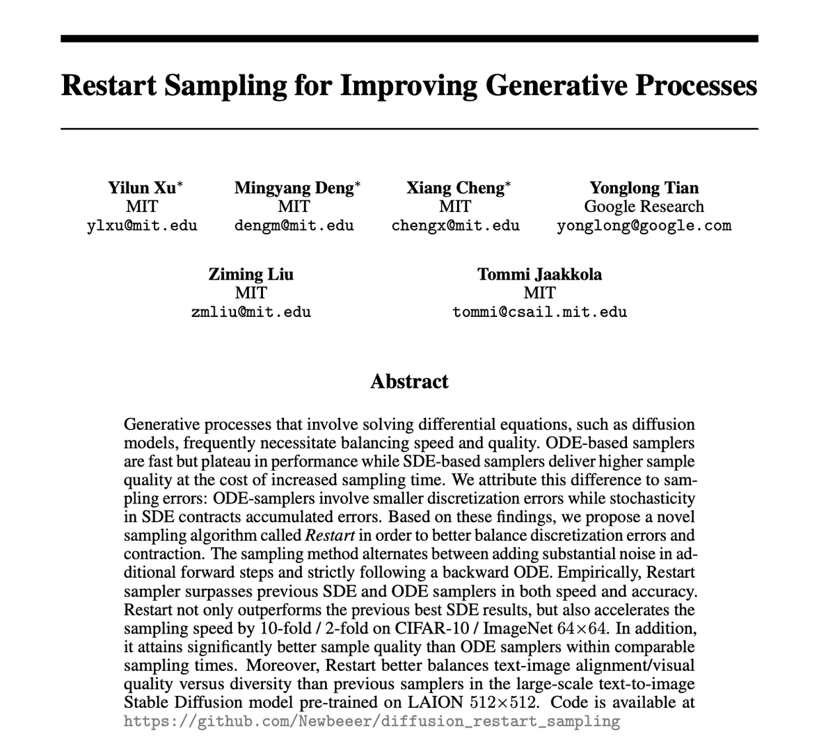 AK on Twitter: "Restart Sampling for Improving Generative Processes paper page: https ...