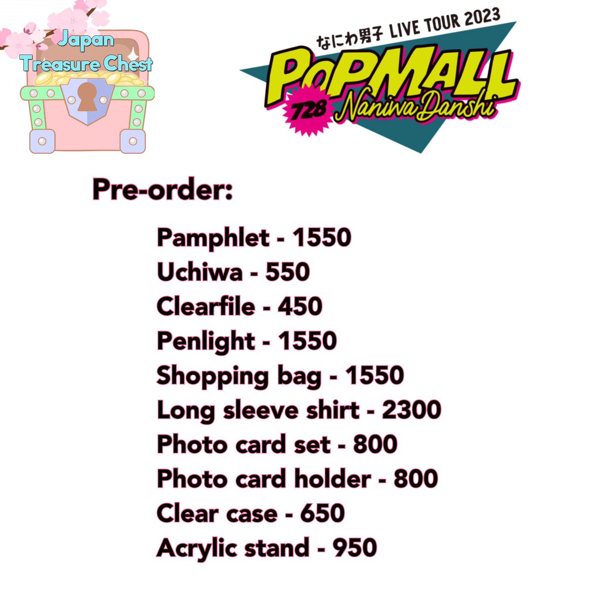 Japan Treasure Chest on Twitter: "なにわ男子 LIVE TOUR 2023 POPMALL Concert goods pre-order now open ...