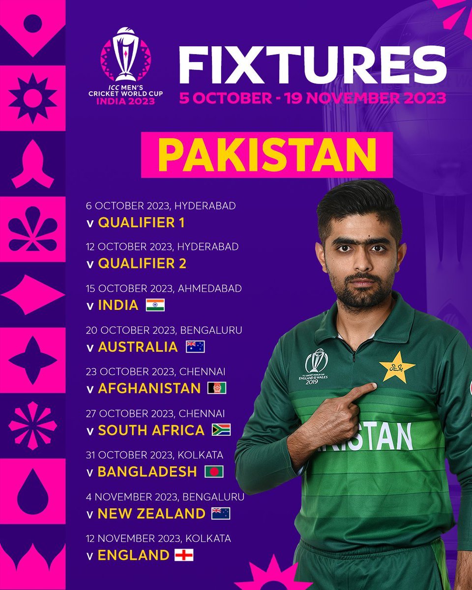ICC's official graphic for Pakistan's World Cup fixtures. #CWC23 ...