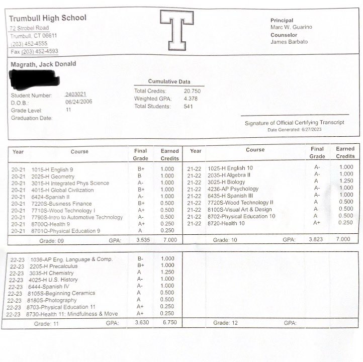 Jack Magrath on Twitter: "Proud to share my final transcript for the year. GPA improved from 4.2 ...