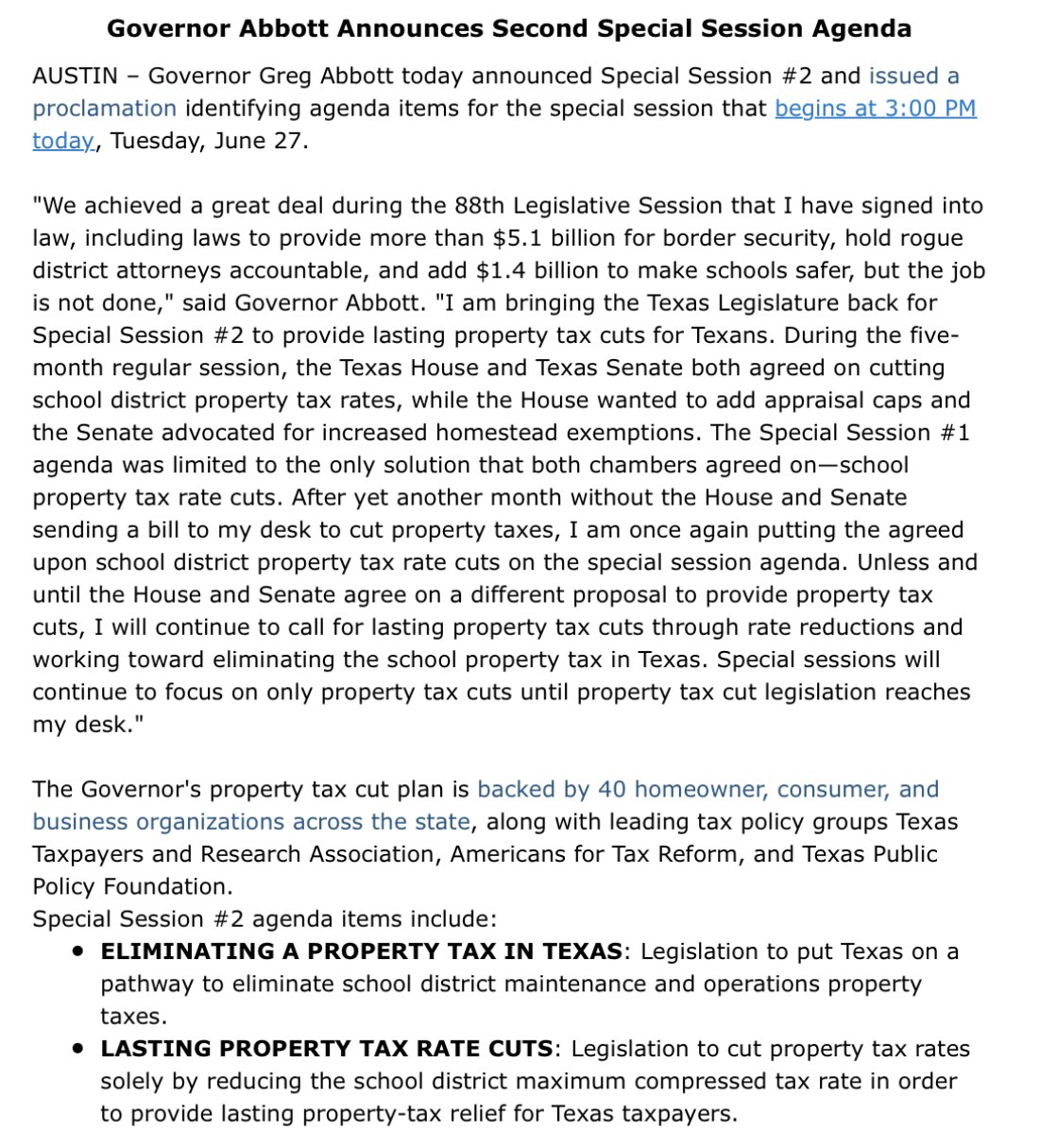 Gov. Greg Abbott on Twitter: "Statement on Special Session #2 Read more: https://t.co/Lp7eXWnd8X ...