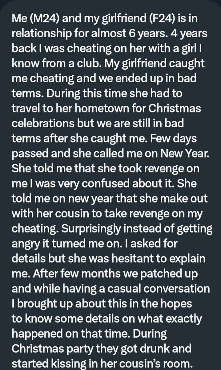 PervConfession on Twitter: "He cheated on his girlfriend so she made out with her cousin."