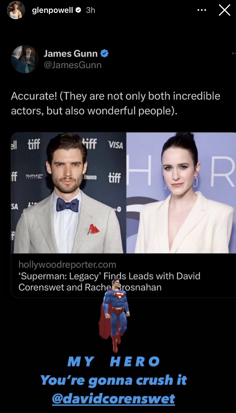 Home of DCU on Twitter: "Glen Powell congratulated David Corenswet on Instagram 👀 Hopefully he’s ...