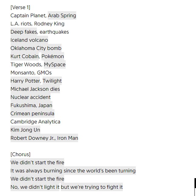 Brian on Twitter: "Fall Out Boy's "We Didn't Start the Fire" does not ...