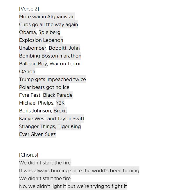 Brian on Twitter: "Fall Out Boy's "We Didn't Start the Fire" does not ...