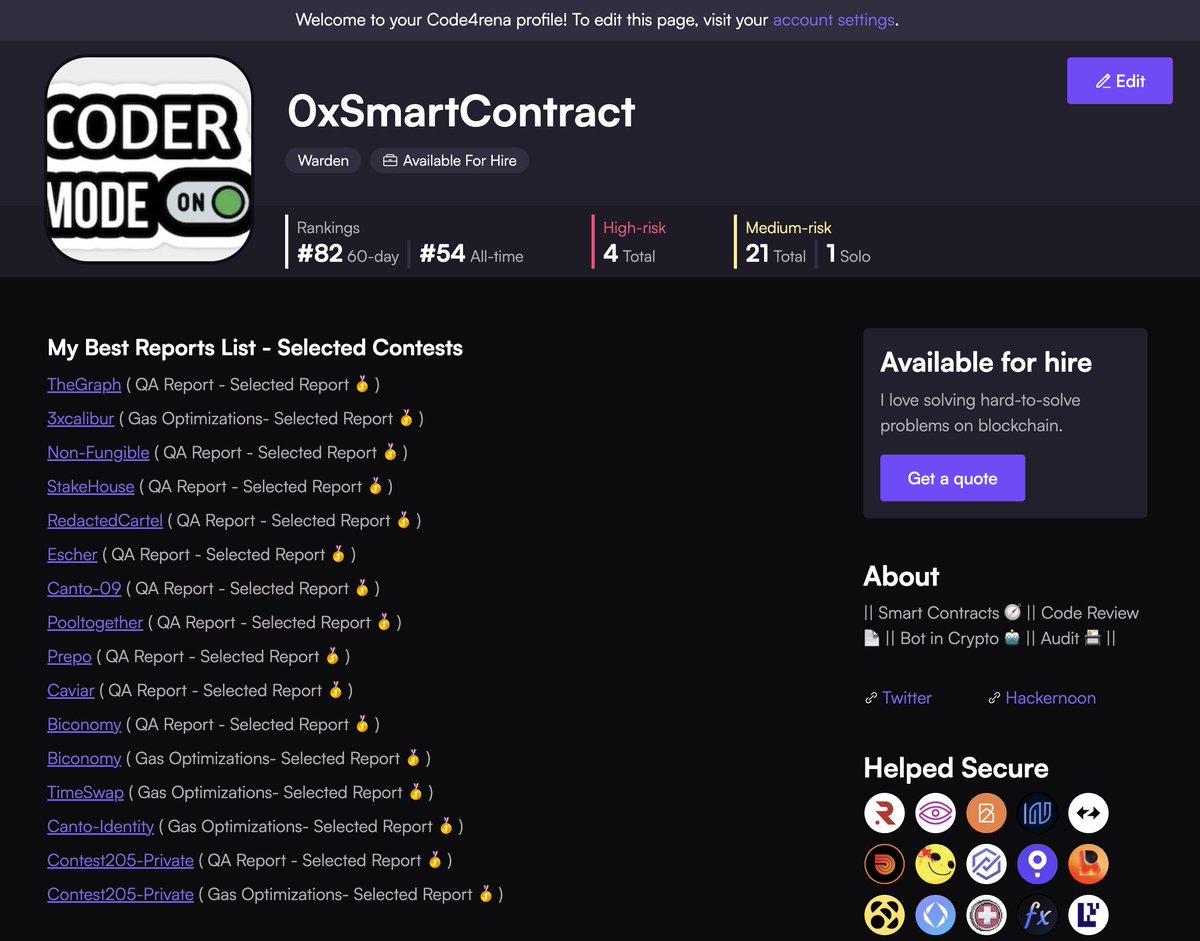 Smart Contract on Twitter: "Thanks for the great feature @code4rena 👏👏👏 You are doing great work ...