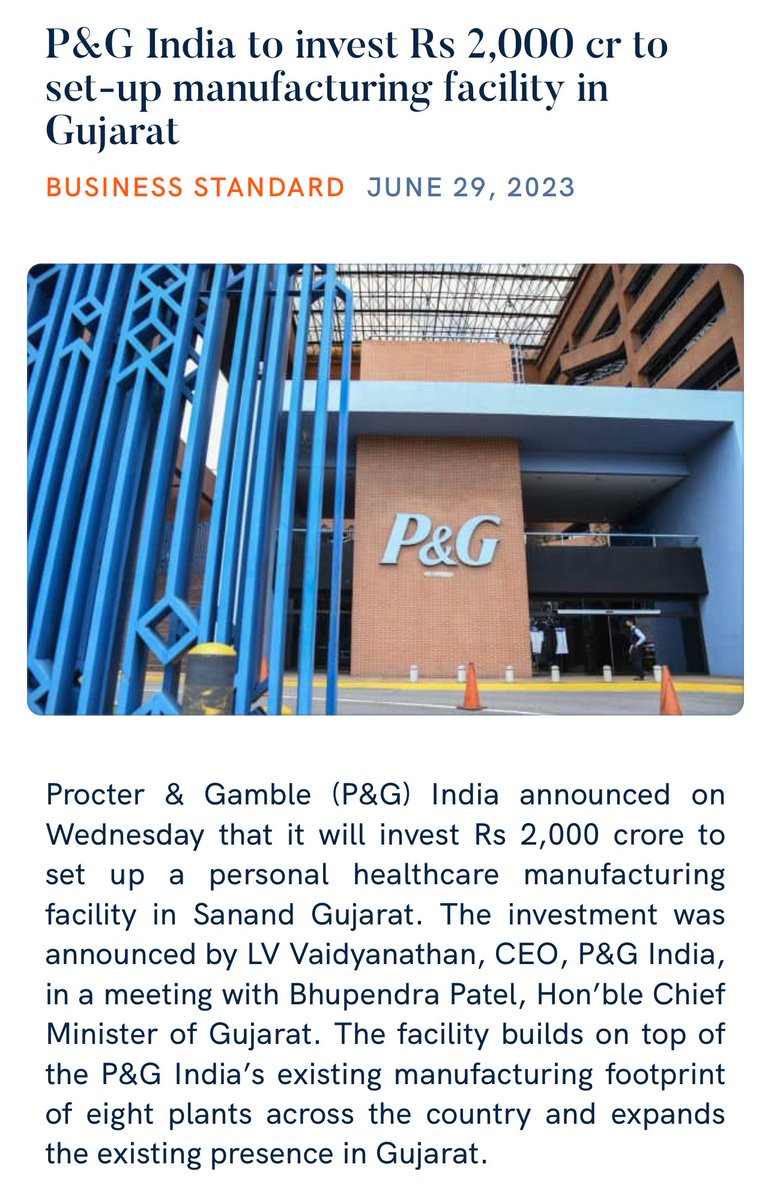 Smriti Z Irani on Twitter: "P&G India to invest Rs 2,000 cr to set-up manufacturing facility in ...