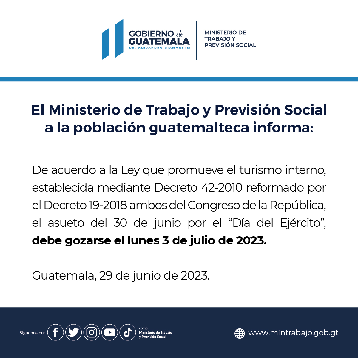 Mintrab On Twitter Comunicado Sobre Asueto Del 30 De Junio Por “día