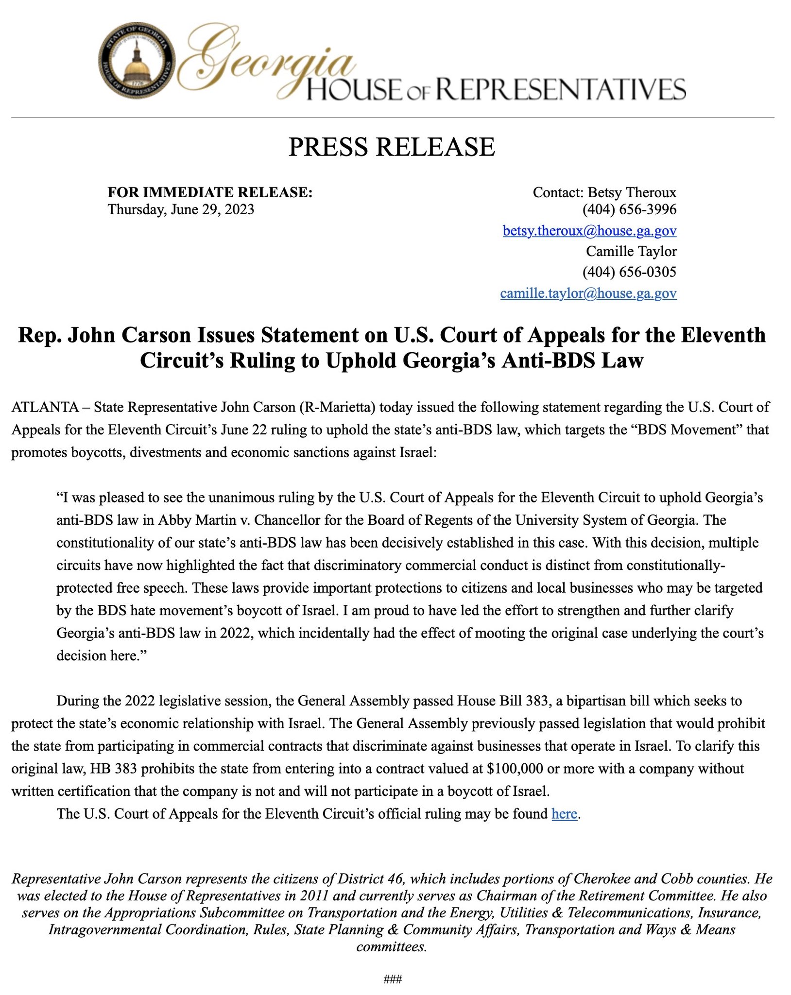 State Rep. John Carson on Twitter: "Exciting news! Georgia's Anti-BDS Law has been upheld by the ...