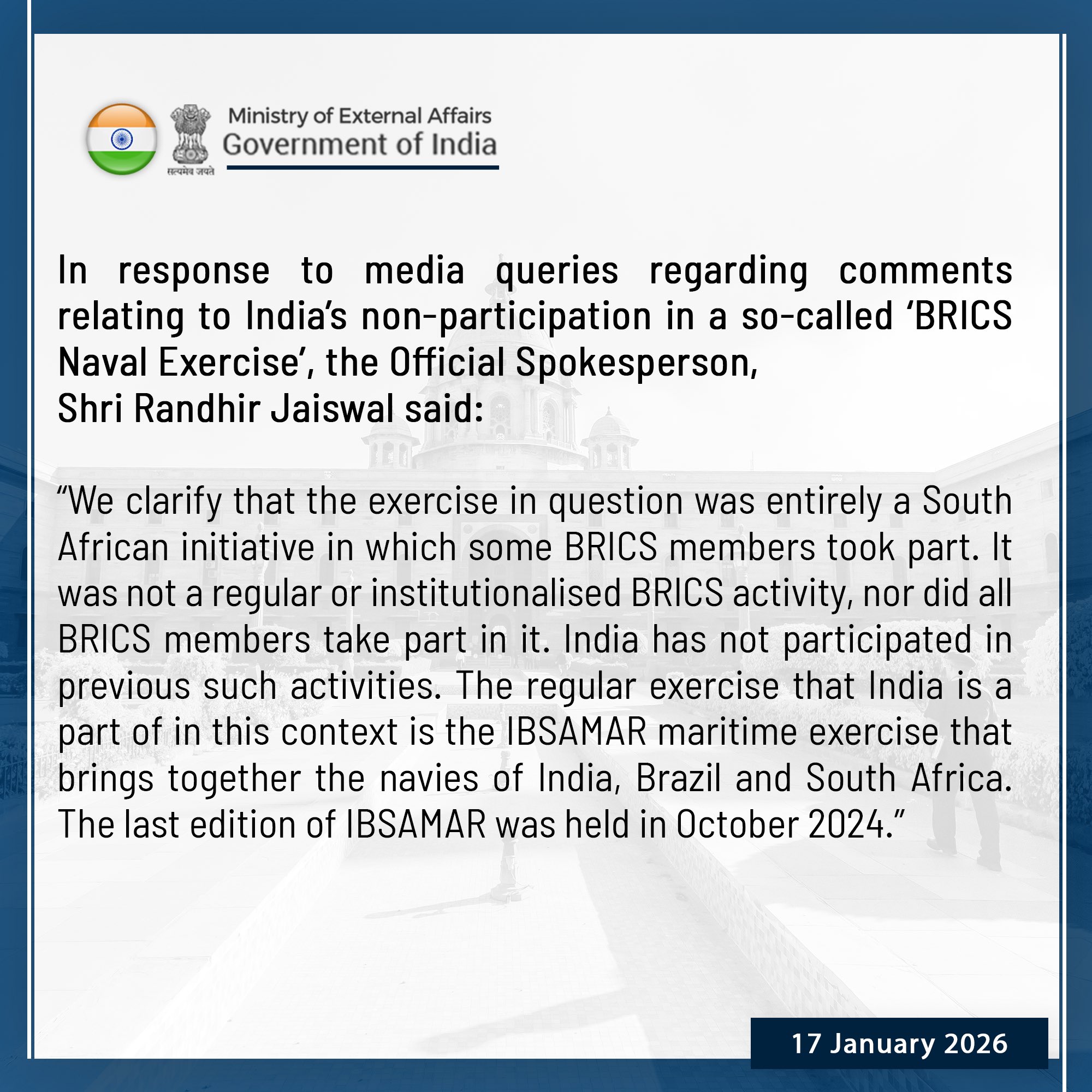 India explains why it skipped 'Will for Peace 2026' BRICS naval ...