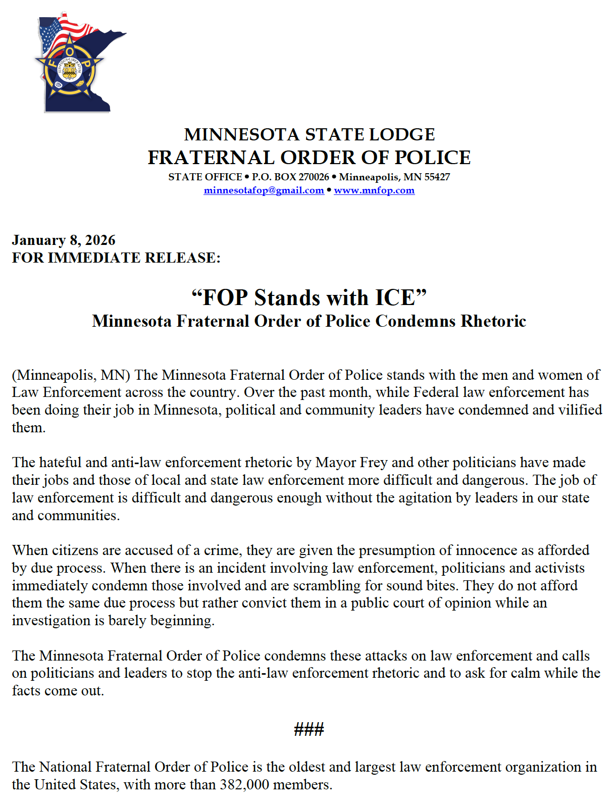 “FOP Stands With ICE” – Minnesota Fraternal Order Of Police Calls Out ...