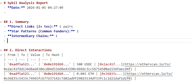 working on a script to detect sybil patterns, like direct transfers ...