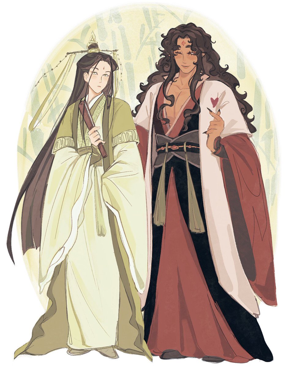 multiple boys long hair 2boys hand fan male focus hanfu dark skin ...