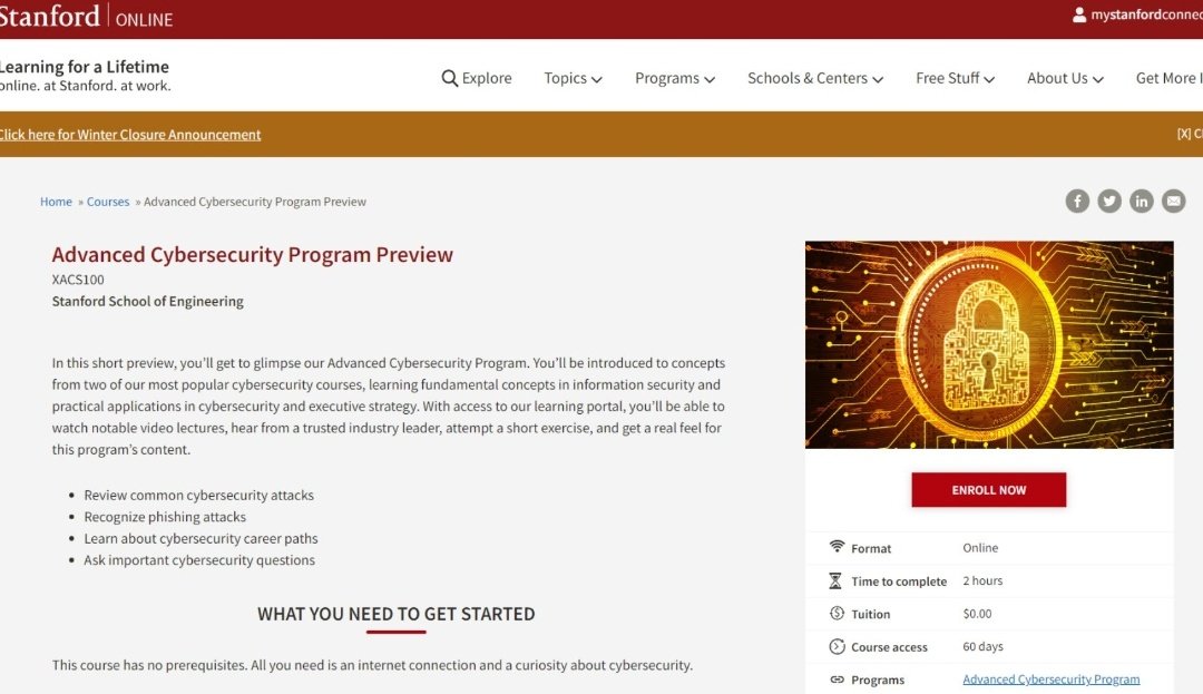 Stanford University is offering free online courses. There is no fee or application needed. Here ...