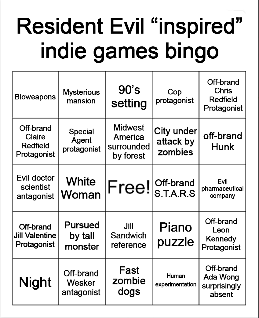 Creakywindow on X: Made a bingo chart for Resident Evil inspired indie ...