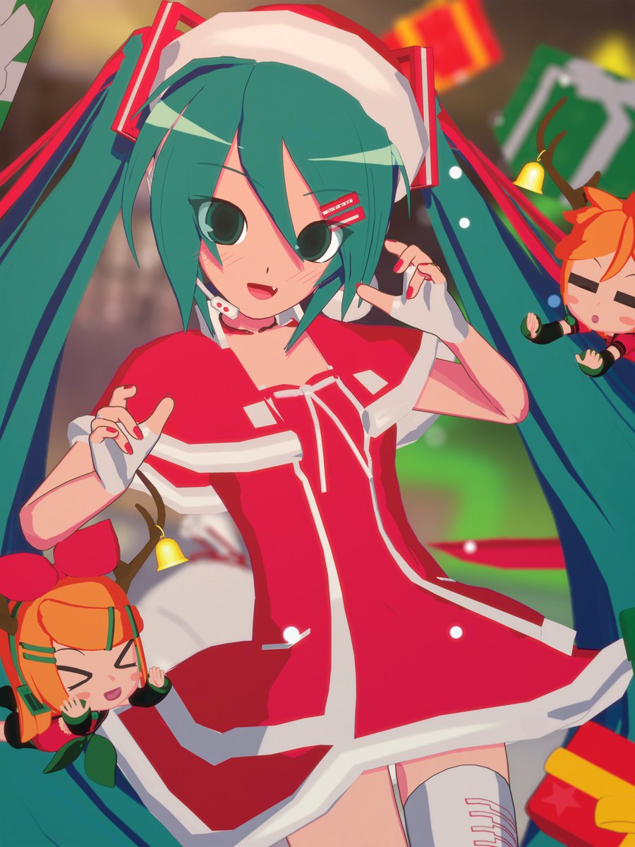 初音ミク ,鏡音レン ,鏡音リン 「Santa-Miku! Seems like you're in good sp」|kioのイラスト