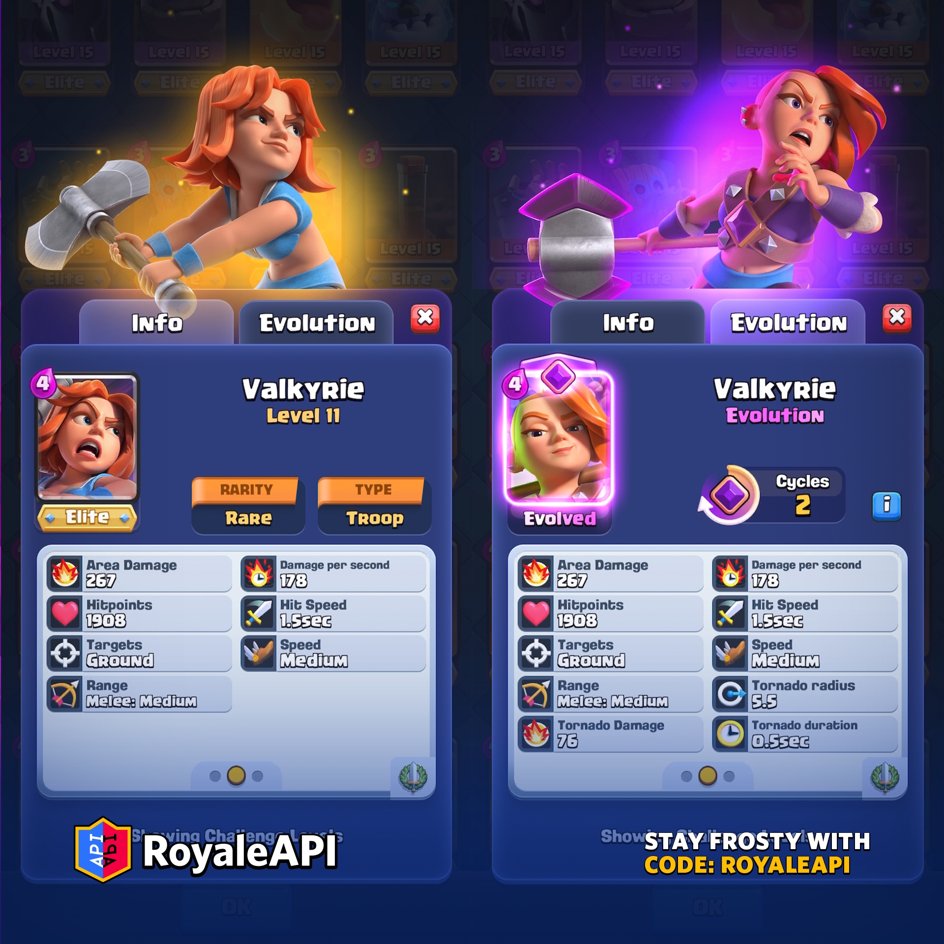 RoyaleAPI X Detailed Stats of regular Valkyrie and Valkyrie Evolution. ClashRoyale https t myZi2lCf8g X