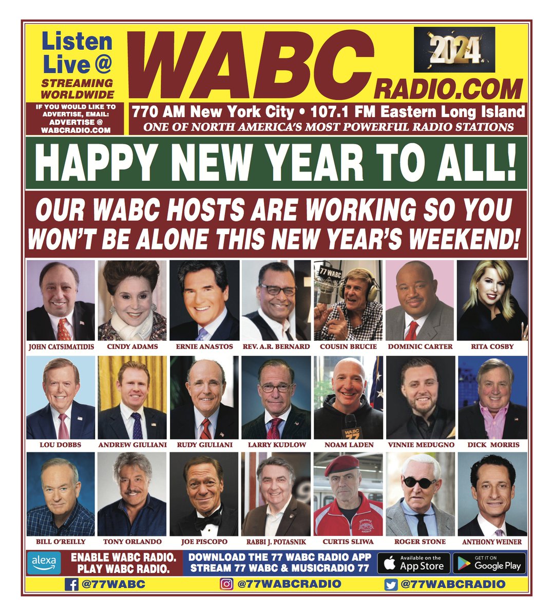 TalkRadio 77 WABC on X Happy New Year to ALL Our 77WABC hosts are working so you won t be alone this New Year s Weekend Listen on 770 AM https t m8texhtIN2 or on the