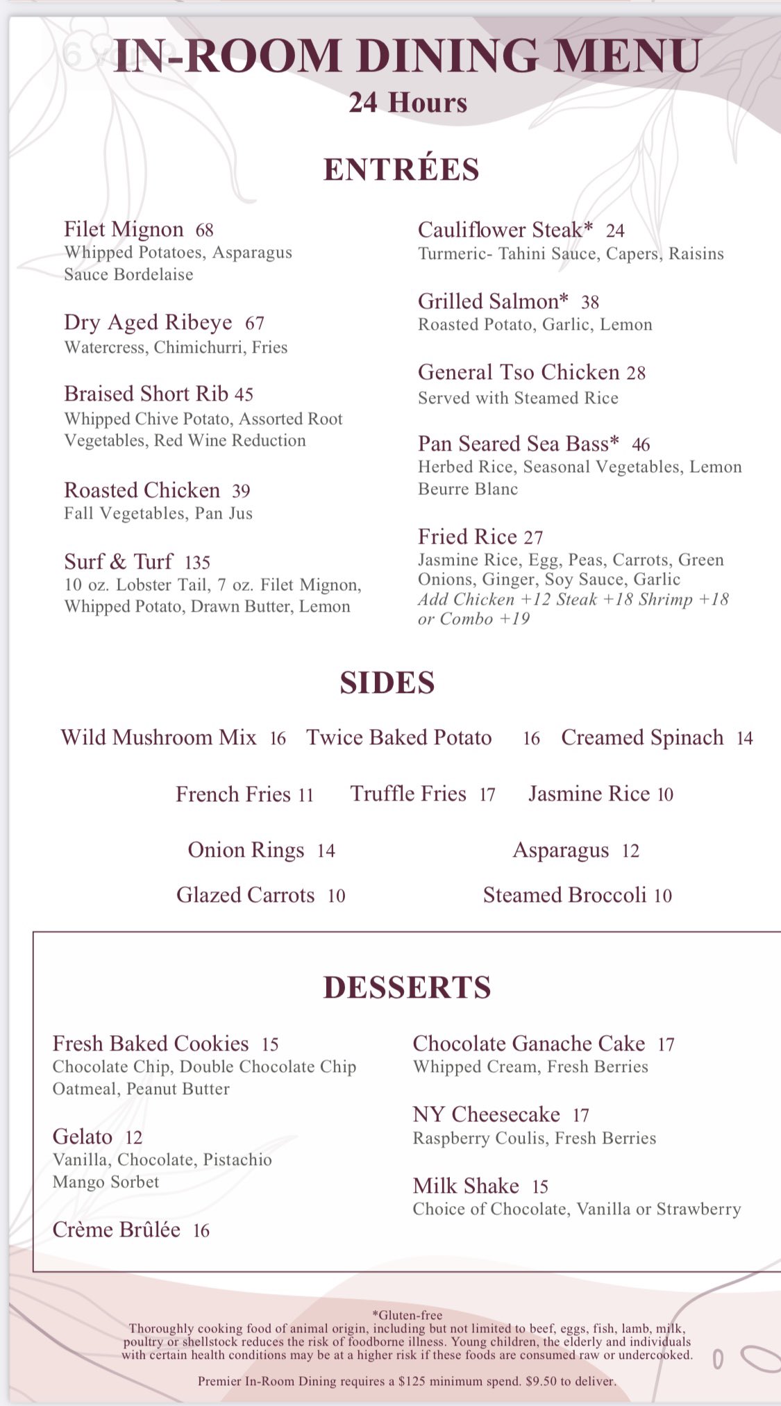 Bellagio Room Service Menu