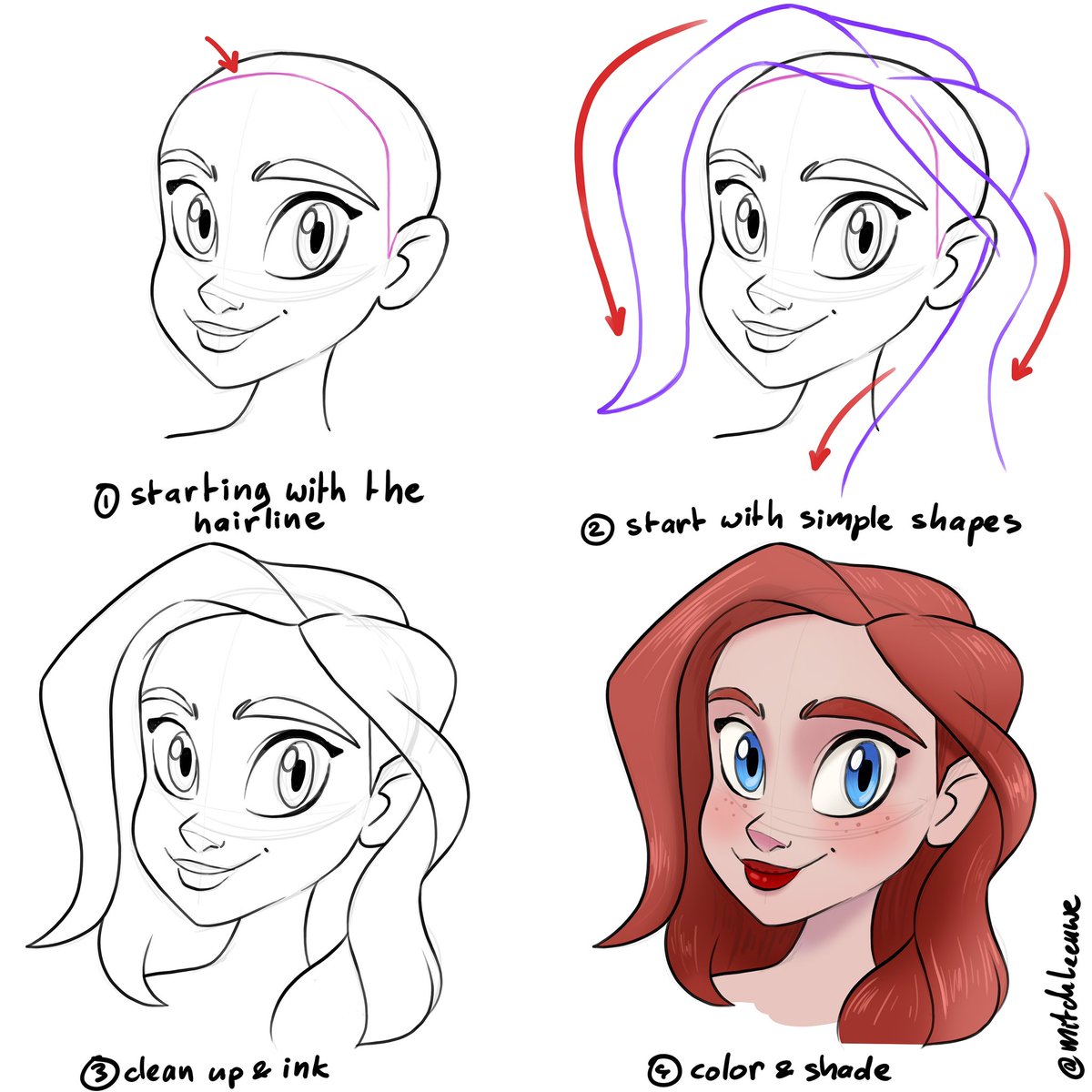 「How to draw hair. A thread. Start with the big shapes first.」Mitch ...