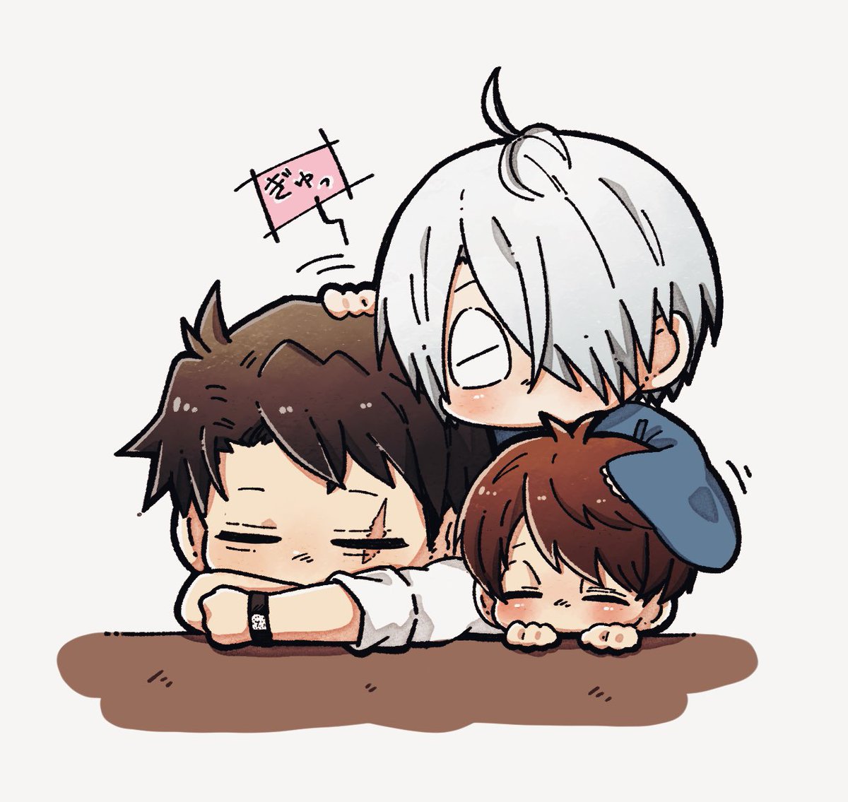 multiple boys brown hair 3boys closed eyes male focus chibi hair over ...