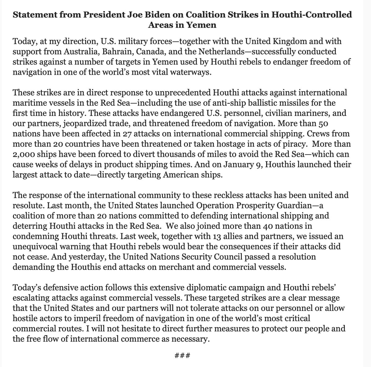 Statement from President Joe Biden on Coalition Strikes on Houthi ...