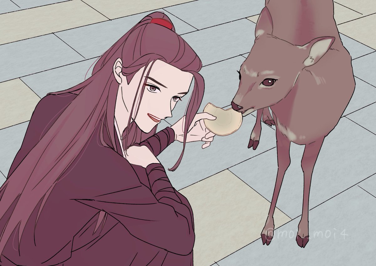 「鹿せんべいをあげる魏嬰」藻井のイラスト