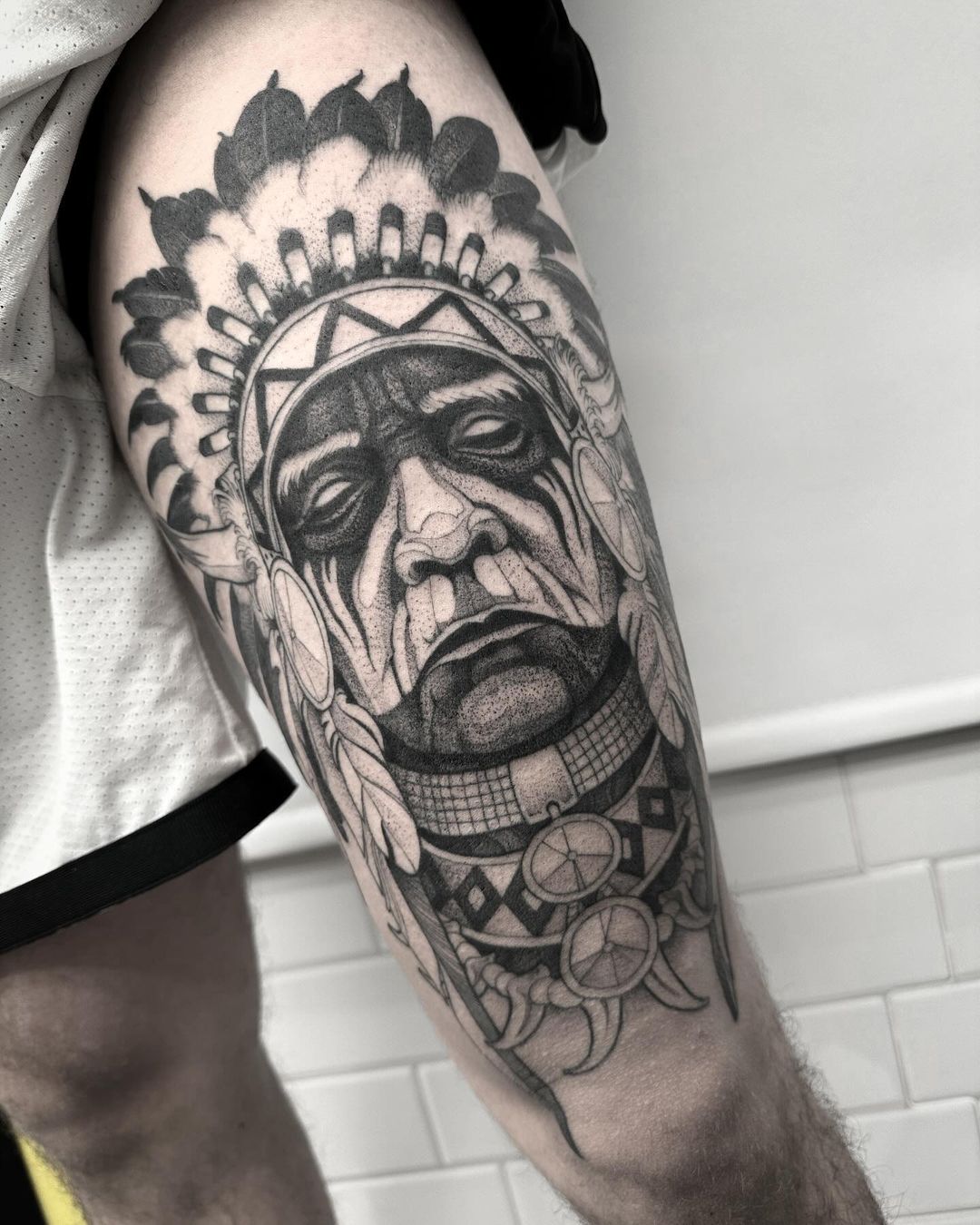 Indian Chief Leg Tattoos Native American Warchief Elder By Ryan El