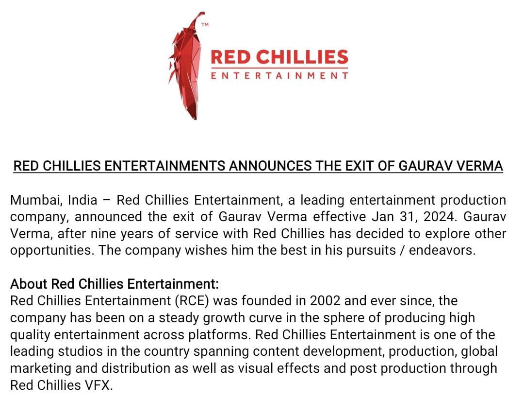 RED CHILLIES ANNOUNCES EXIT OF GAURAV VERMA… Red Chillies Entertainment ...