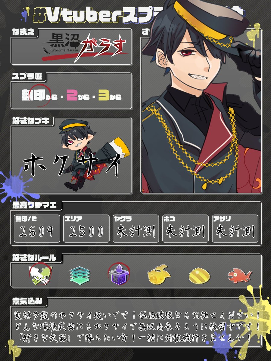 何気に大会優勝したり武器トップ取ってたりしてるホクサイ使いの厨二病Vtuberです！🖌 3ではオプマか対抗戦ばっかりやってます！ 主にチームの ...