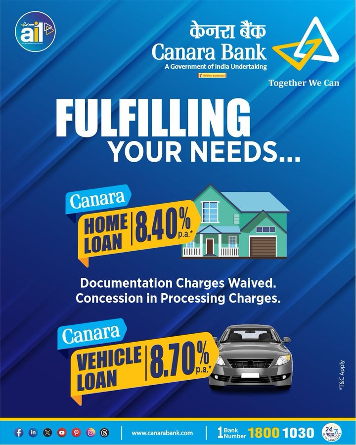 Canara Bank on X Fulfill your needs with Canara Home Loan and Car Loan offering attractive interest rates along with concession on processing charges and waiver on documentation charges. Apply now htt...