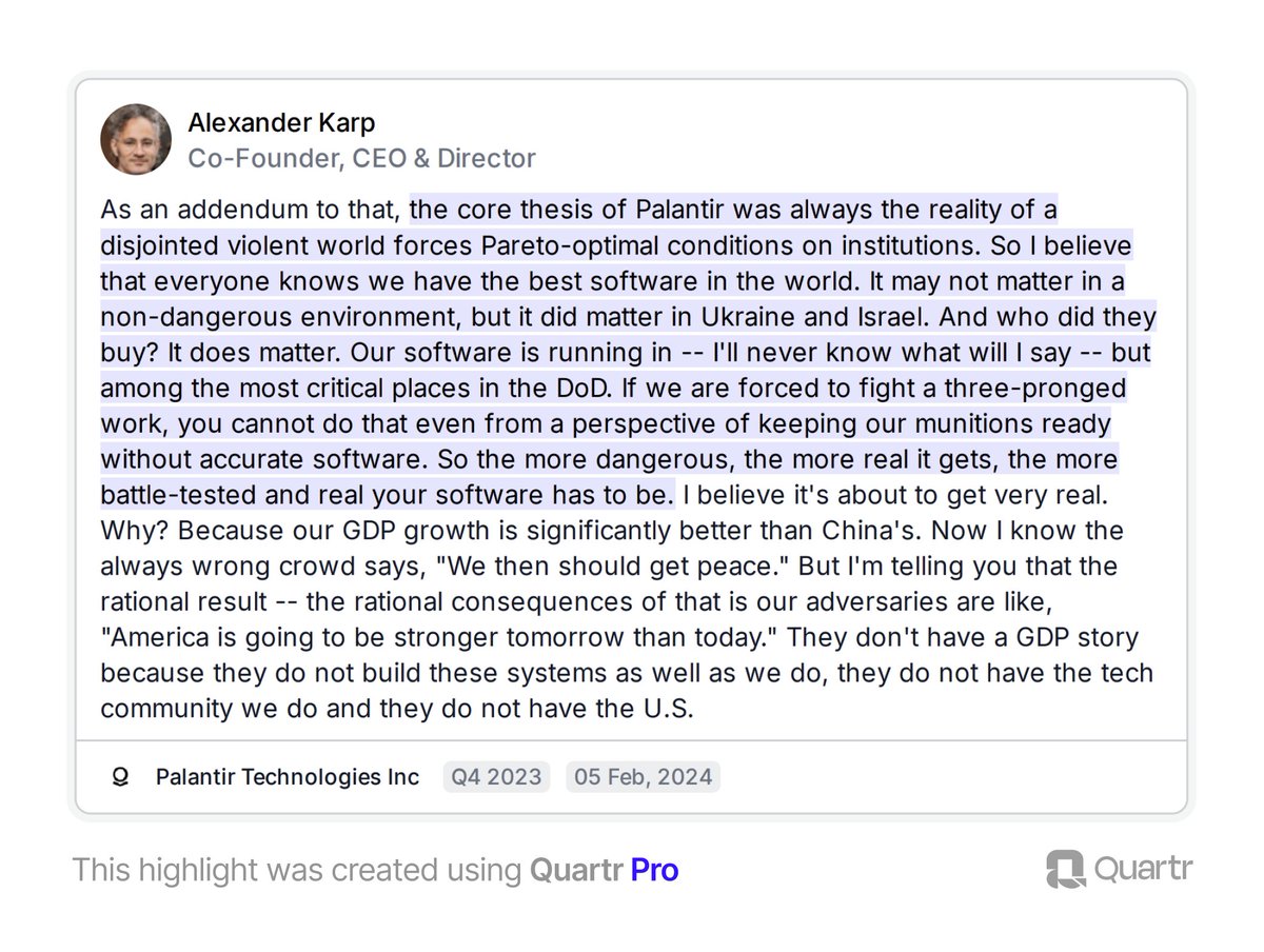 $PLTR is surging +30% today after reporting, according to CEO Alexander ...