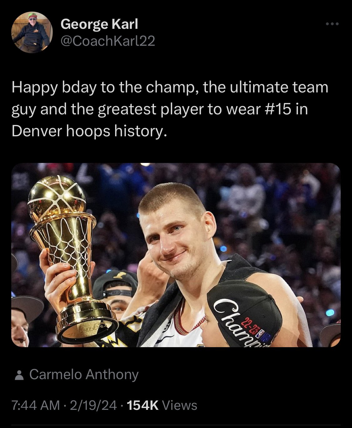 Nuggets Melo believes Denver gave Jokic the number 15 to erase his accomplishments