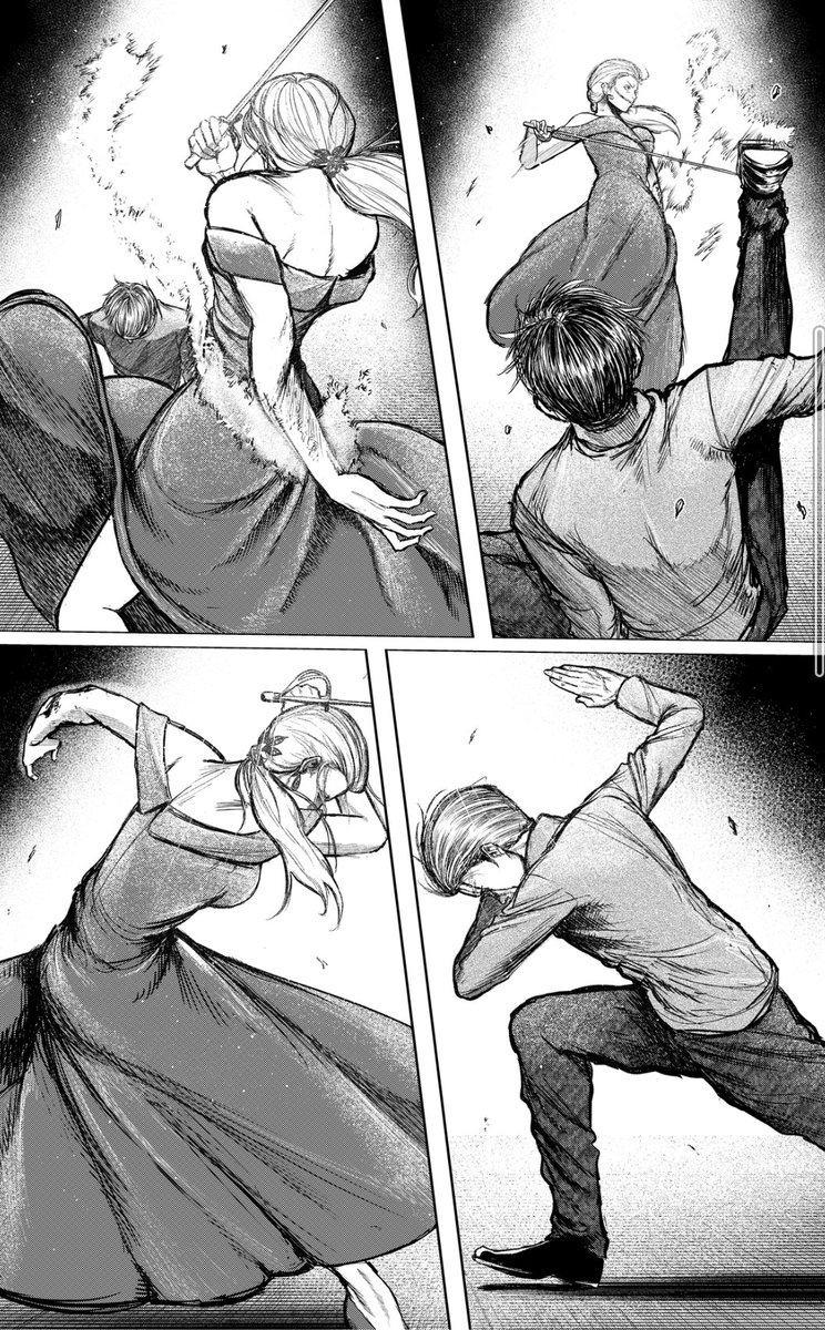 「ROPPENの第44話を脱稿しました。 シャーロット篇も佳境です。 戦闘シーンは、舞台の上でダンスしている印象になるよ」宮下暁の漫画