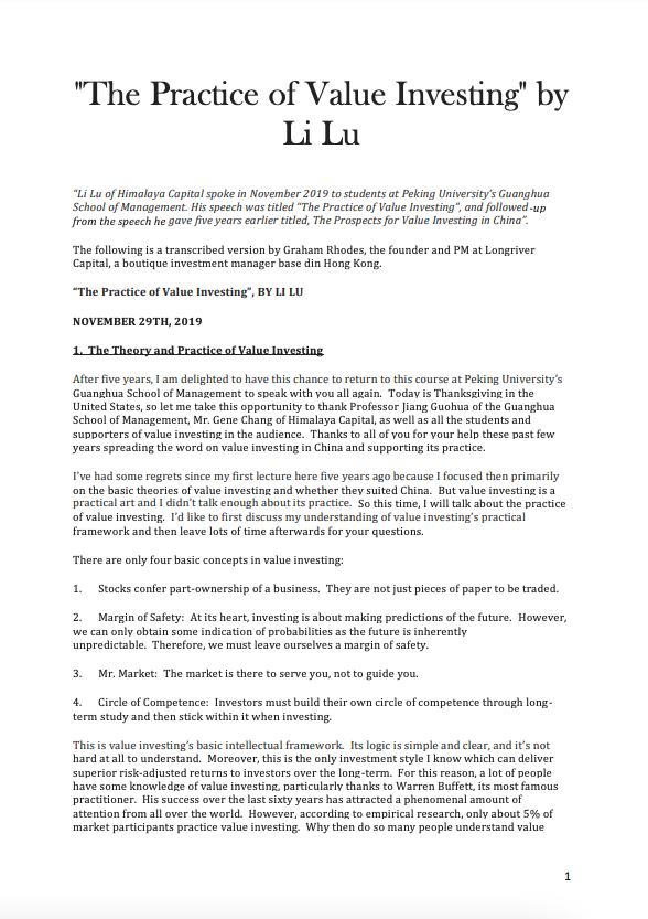In 2019, Li Lu of Himalaya Capital gave a presentation to a group of ...