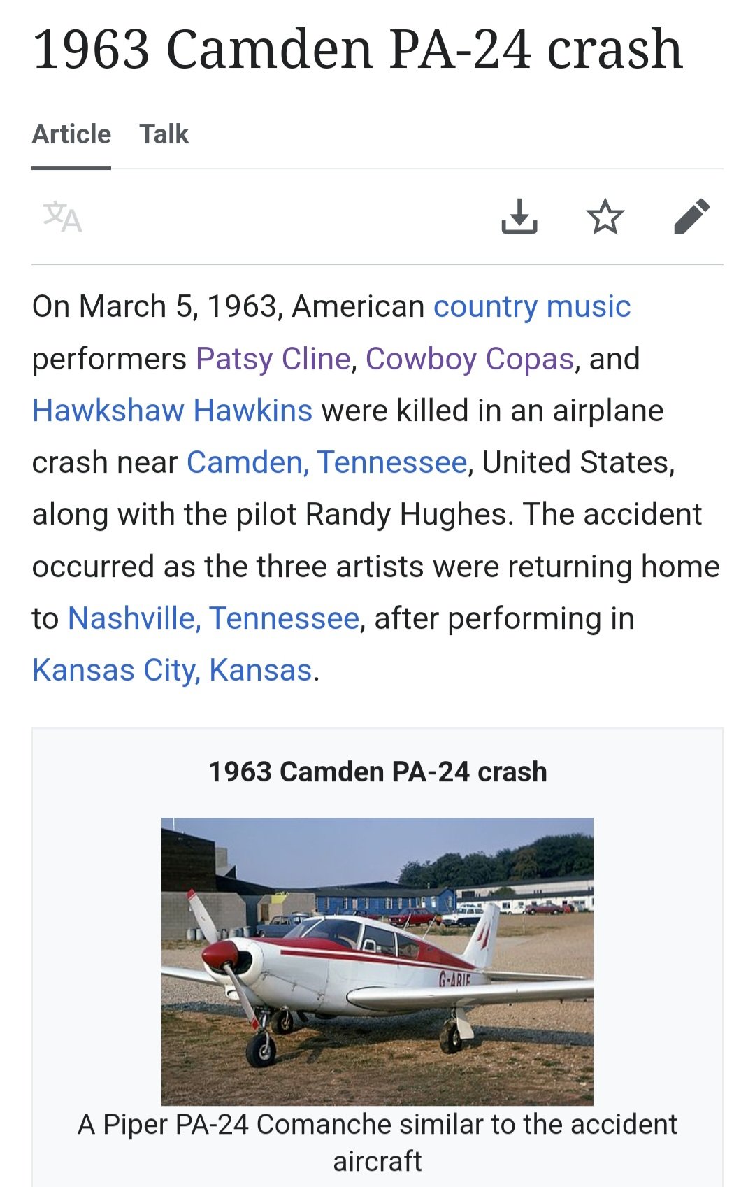Patsy Cline Plane Crash Cause