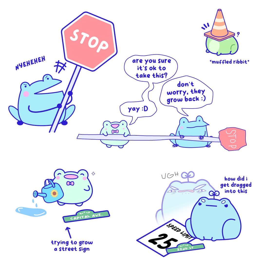 「frogs stealing street signs and traffic cones. this is norma」rachel 🐸の漫画