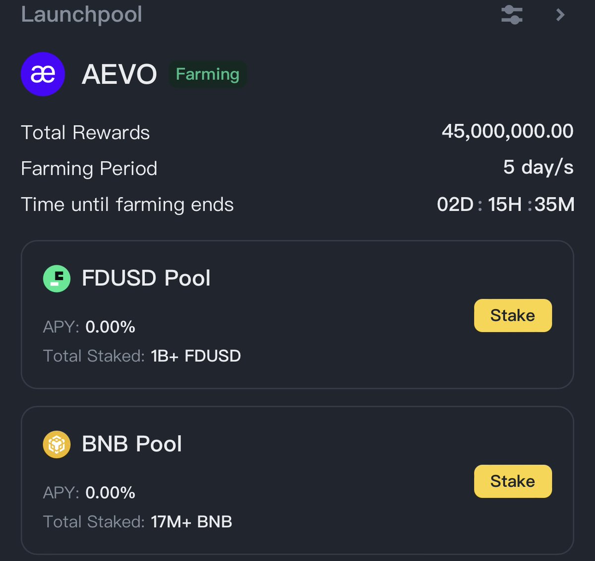 🚀Aevo is LIVE on Binance Launchpool. 45,000,000 AEVO to be distributed over a period of 5 days ...