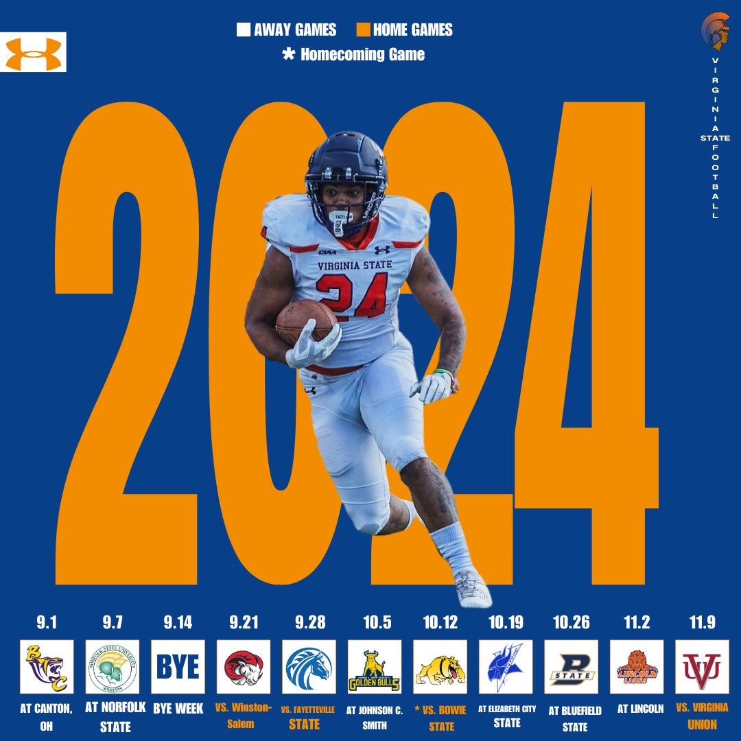 VSU Athletics on X 2024 Football Schedule is here Highlights Black College Football Hall of Fame game against Benedict Homecoming against Bowie State and ending the season against Virginia Union. We h...