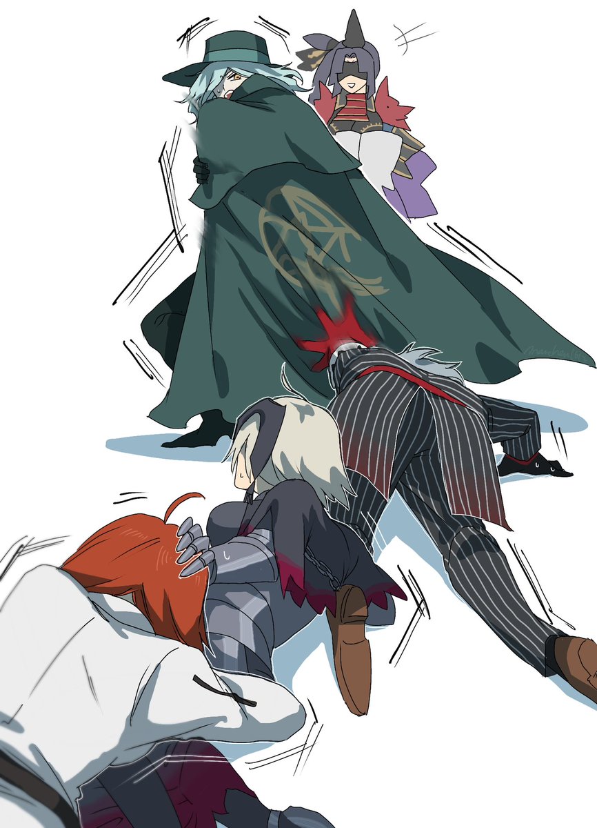 エドモン・ダンテス(Fate) ,ぐだ子 ,null ,ジャンヌ・オルタ ,牛若丸(Fate) 「アヴェンジャーズは永遠ダヨ…… 」|蓮のイラスト