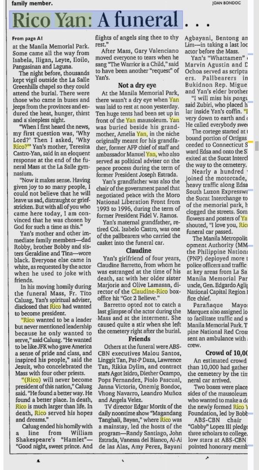 Rico Yan Funeral Filipino History, News And Classic Stories Rico Yan