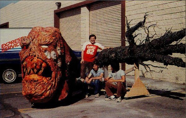 A behind the scenes photo of the practical effects used for the ...