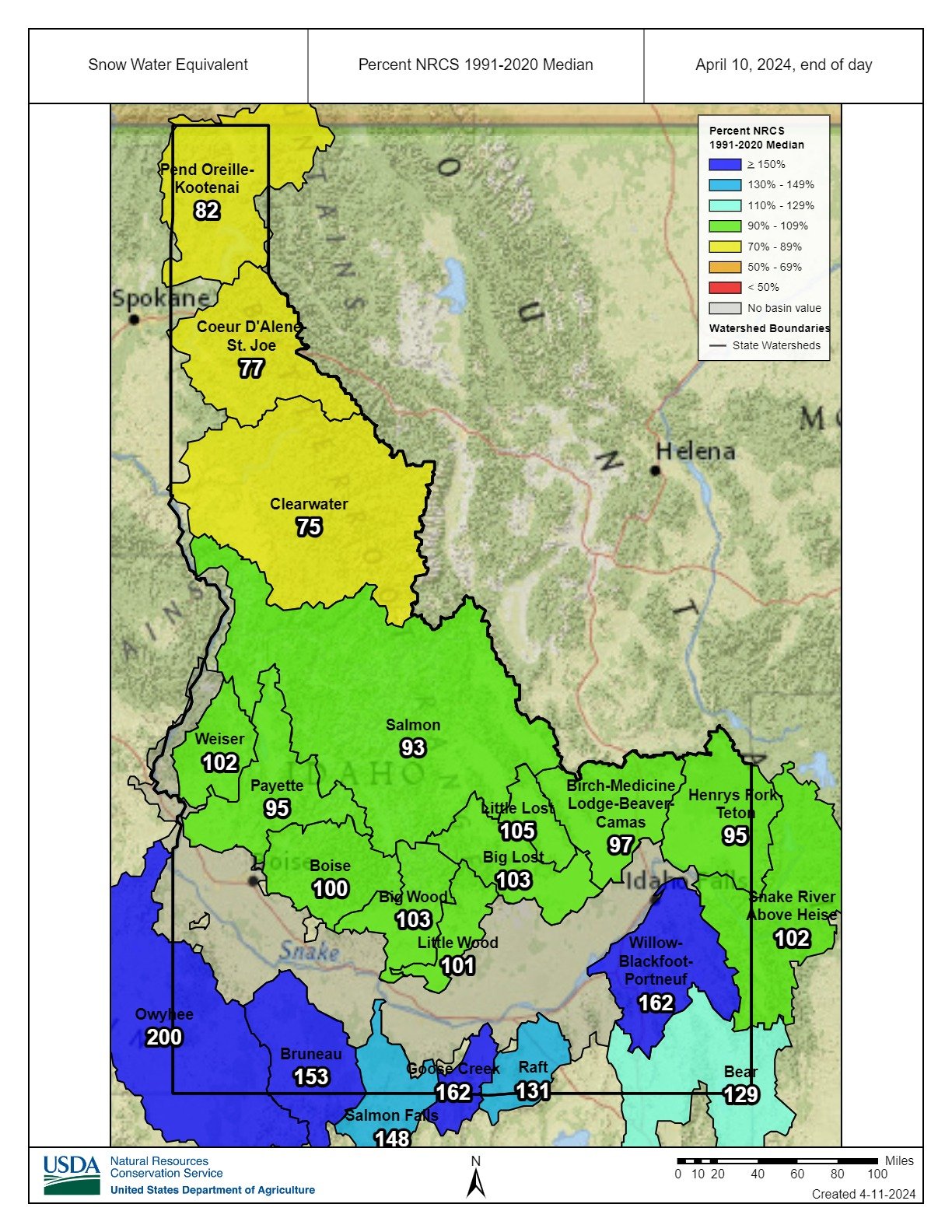 Idaho Average Snowfall Map
