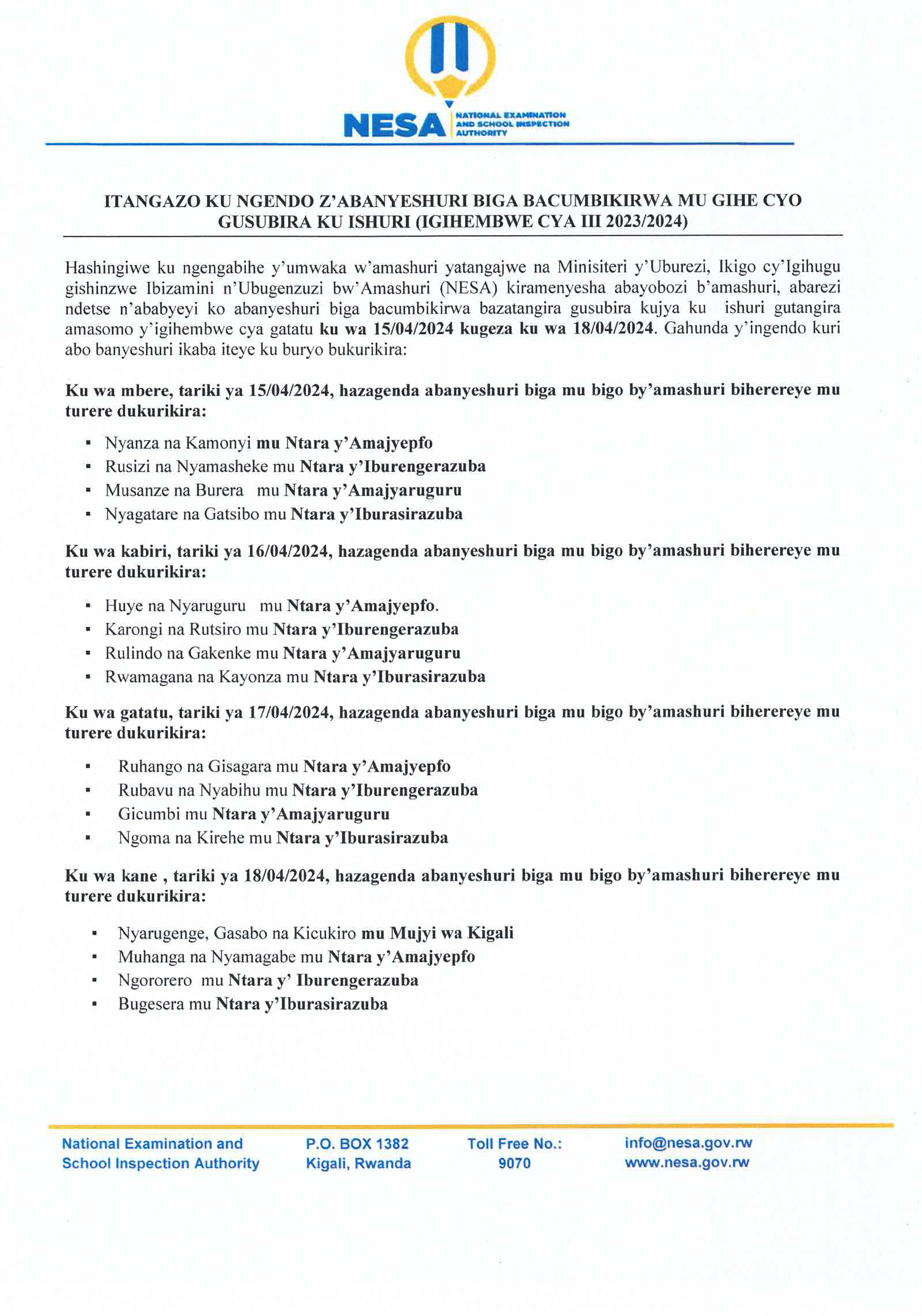 ITANGAZO KU NGENDO Z’ABANYESHURI BIGA BACUMBIKIRWA MU GIHE CYO GUSUBIRA KU ISHURI MU GIHEMBWE ...